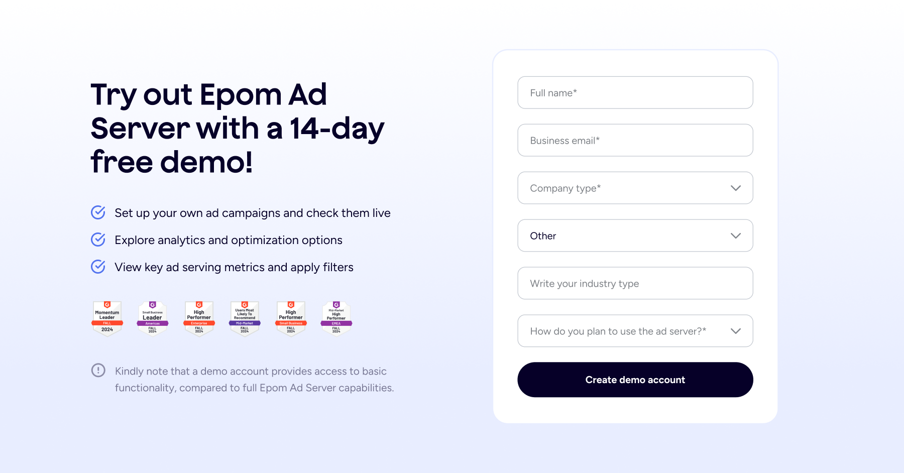 14 Day Free Access to Epom Ad Server Demo Account